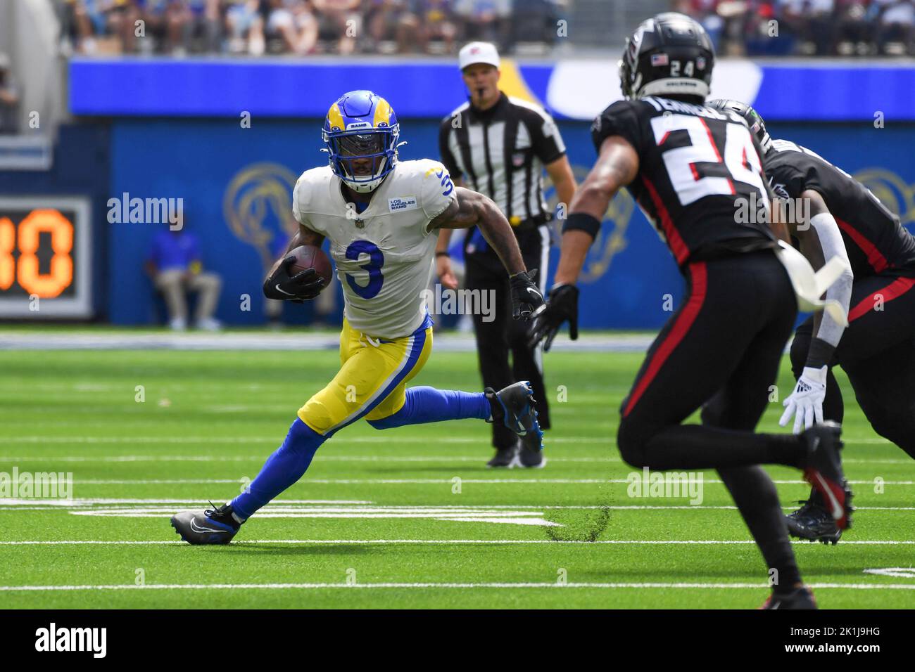 Los Angeles Rams running back Cam Akers (3) evades Atlanta Falcons ...