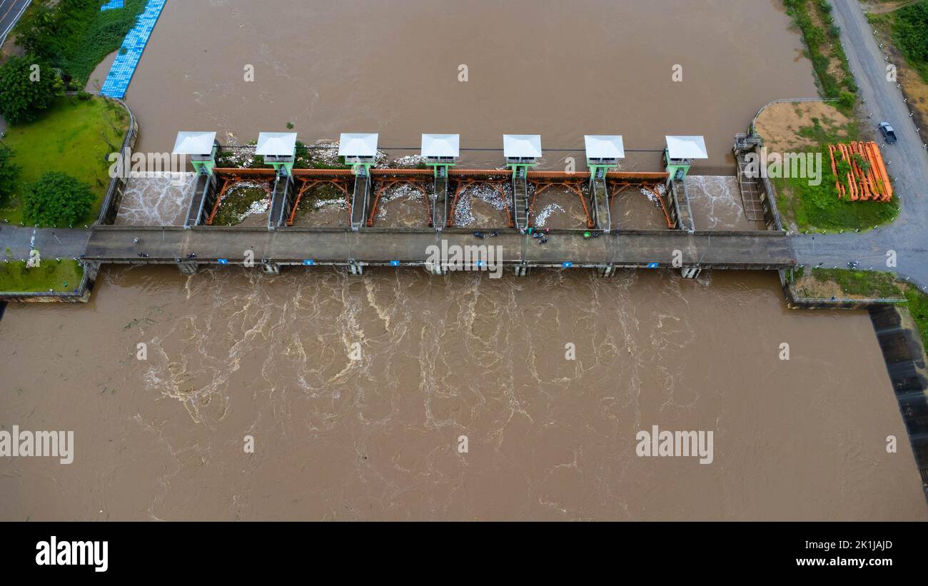 Aerial view of the water released from the concrete dam's drainage ...