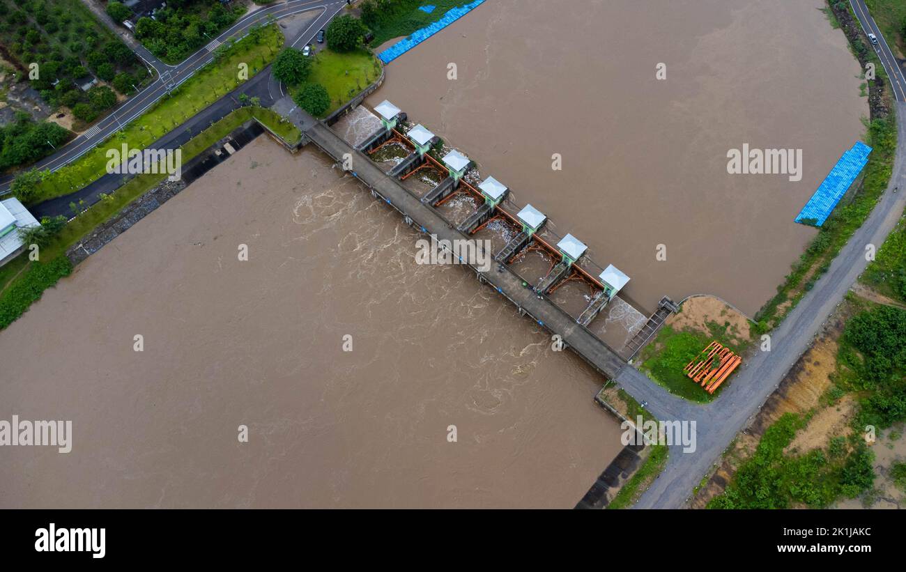 Aerial view of the water released from the concrete dam's drainage ...