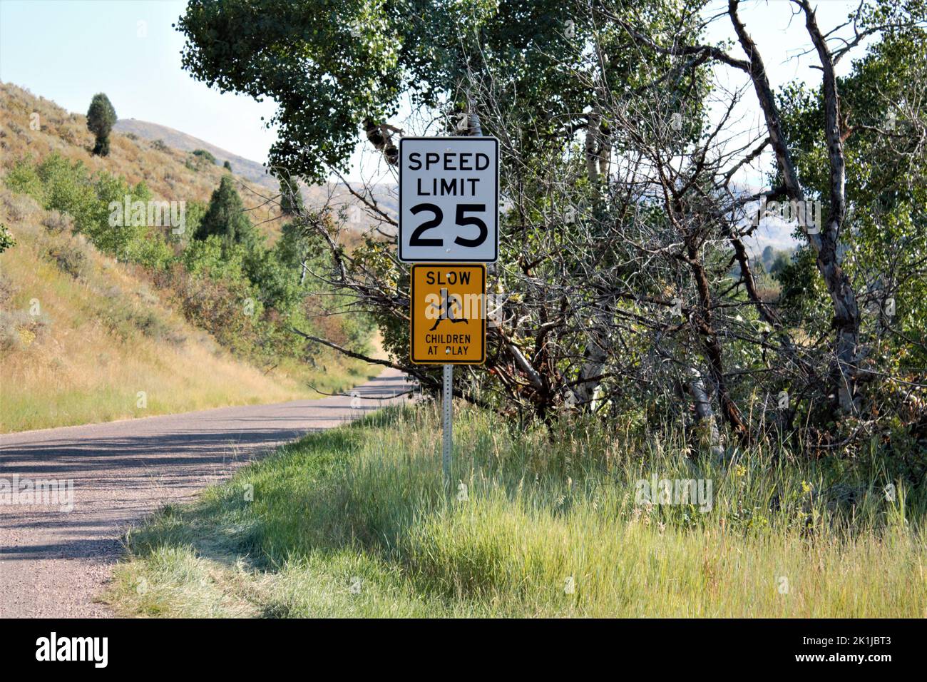The signs of speed limit and slow, children at play on metal pole at ...