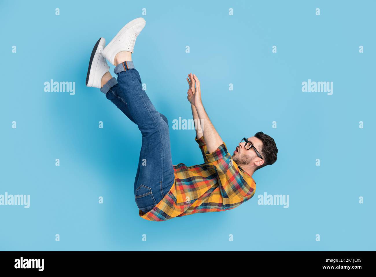 Full size profile portrait of shocked young person falling fly isolated ...