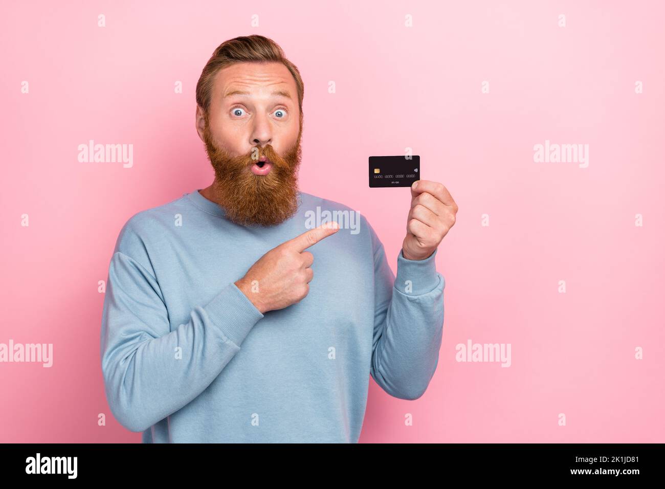 Photo of astonished excited staring guy ginger hairdo wear blue ...