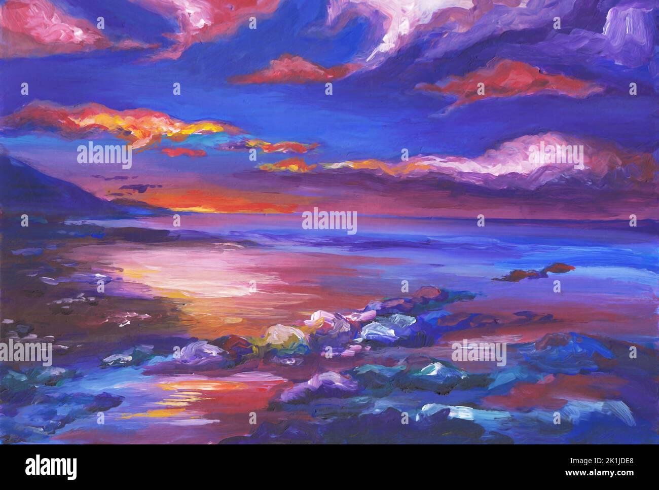 Seaside sunset landscape painting. Sunset clouds, coast, mountain, stones, waves, sea view ...