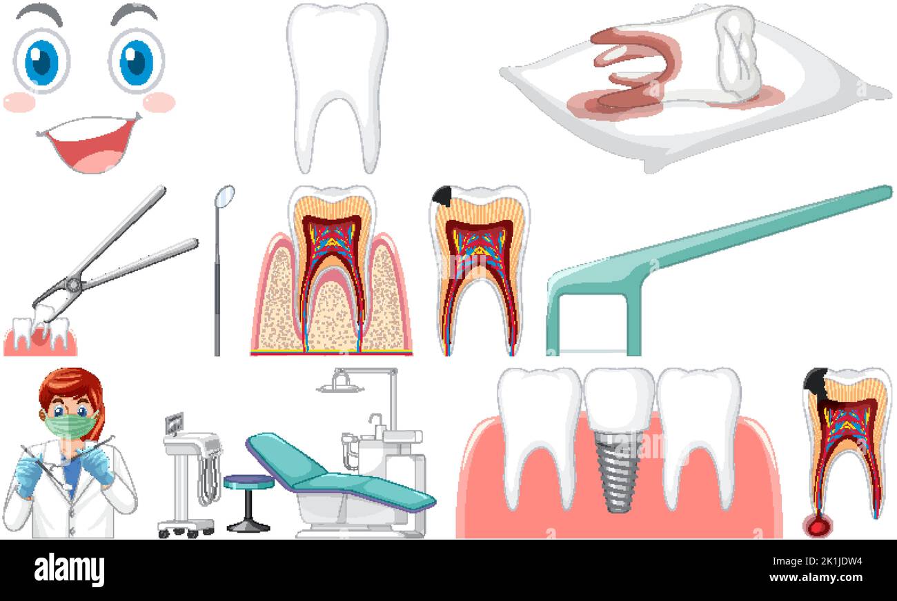 Set of dental equipments and cartoon characters illustration Stock ...