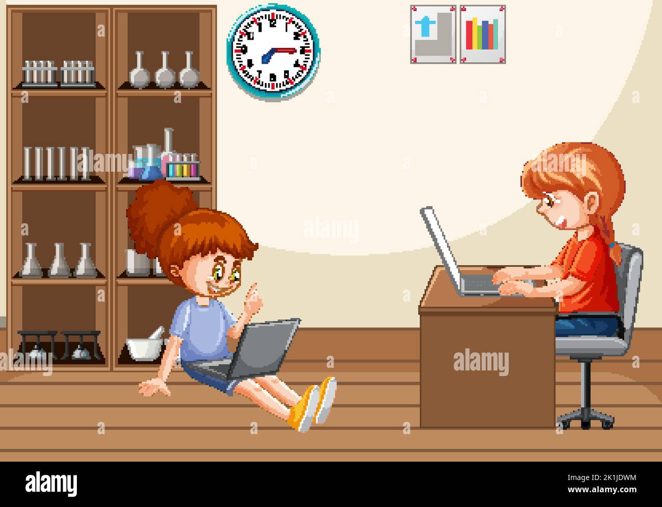 At home scene with children using their laptops illustration Stock ...