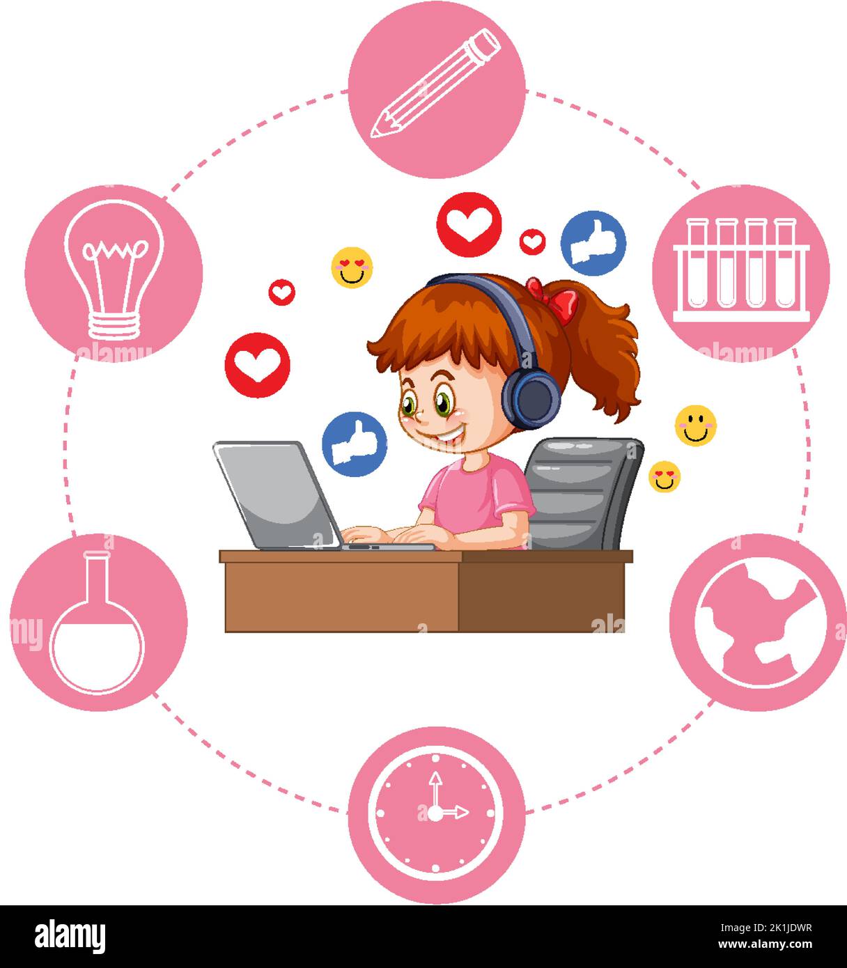 Cute girl browsing social media on laptop illustration Stock Vector ...