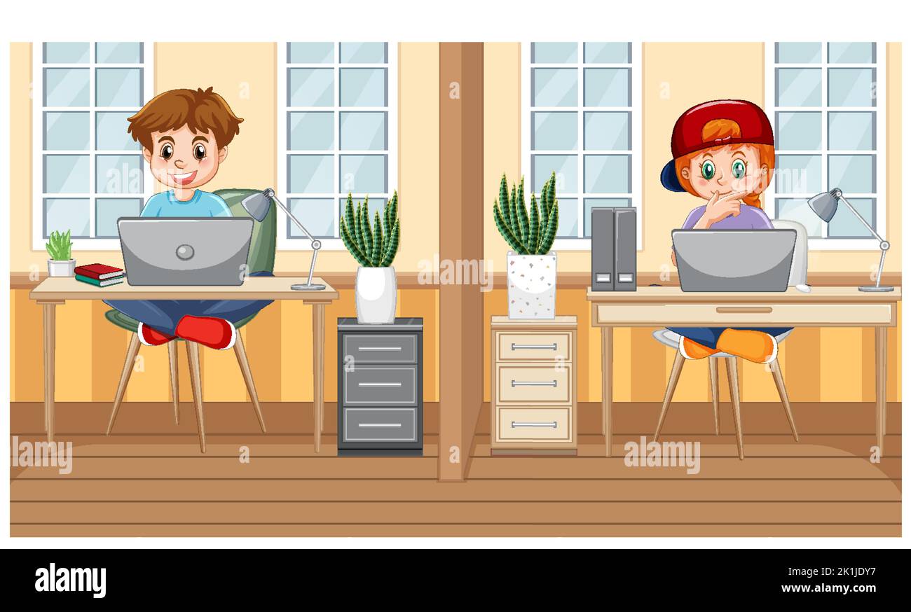 At home scene with children using their laptops illustration Stock ...