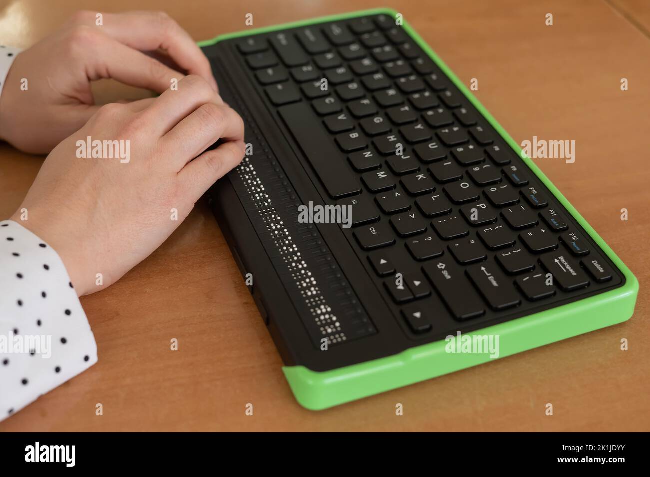 A blind woman uses a computer with a Braille display and a computer ...