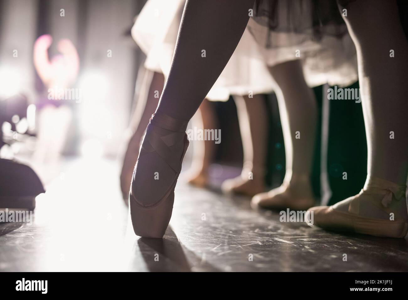 Close up female ballerina en pointe in ballet shoes off stage Stock ...