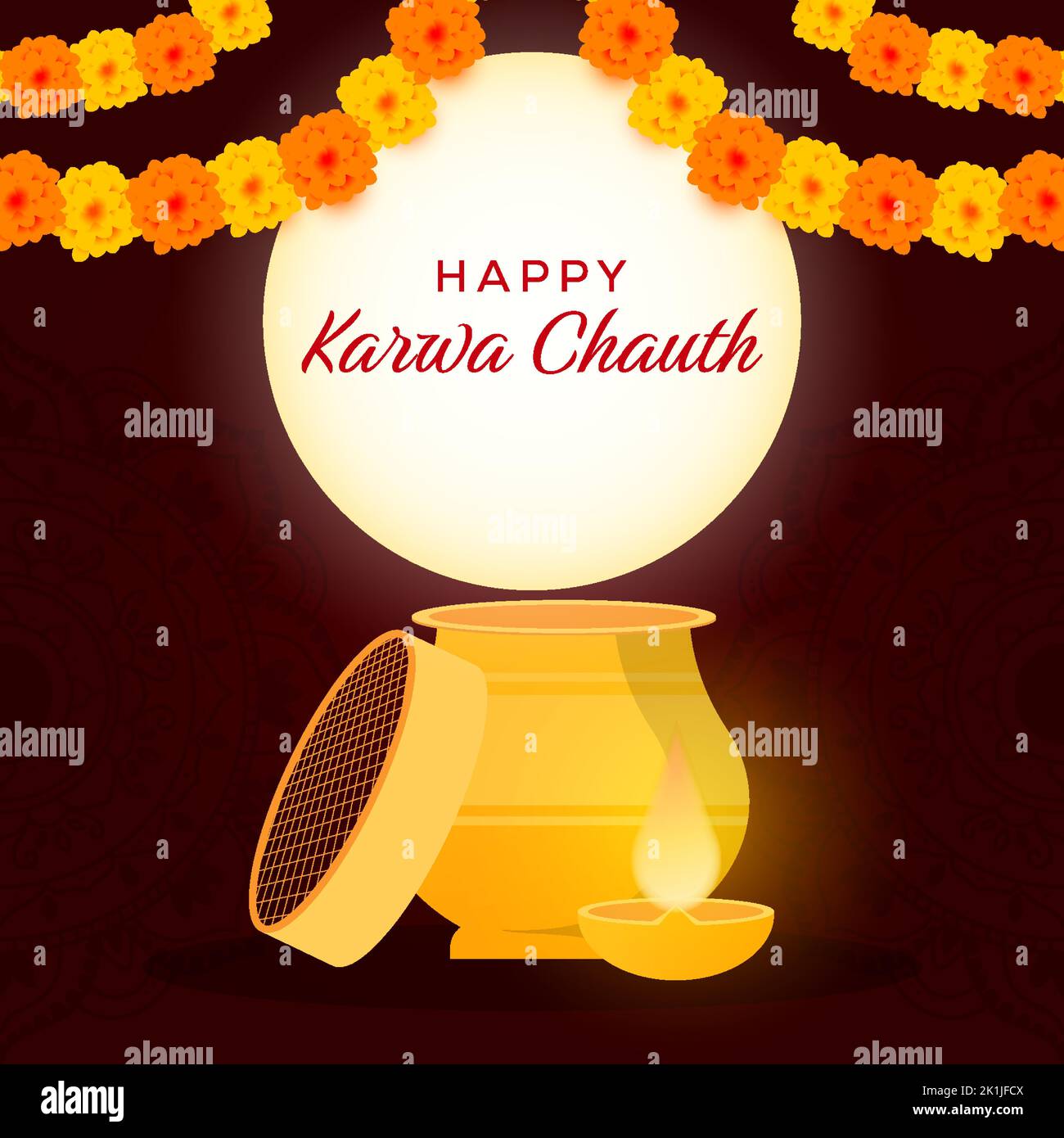 happy karwa chauth illustration with full moon and marigold flowers ...