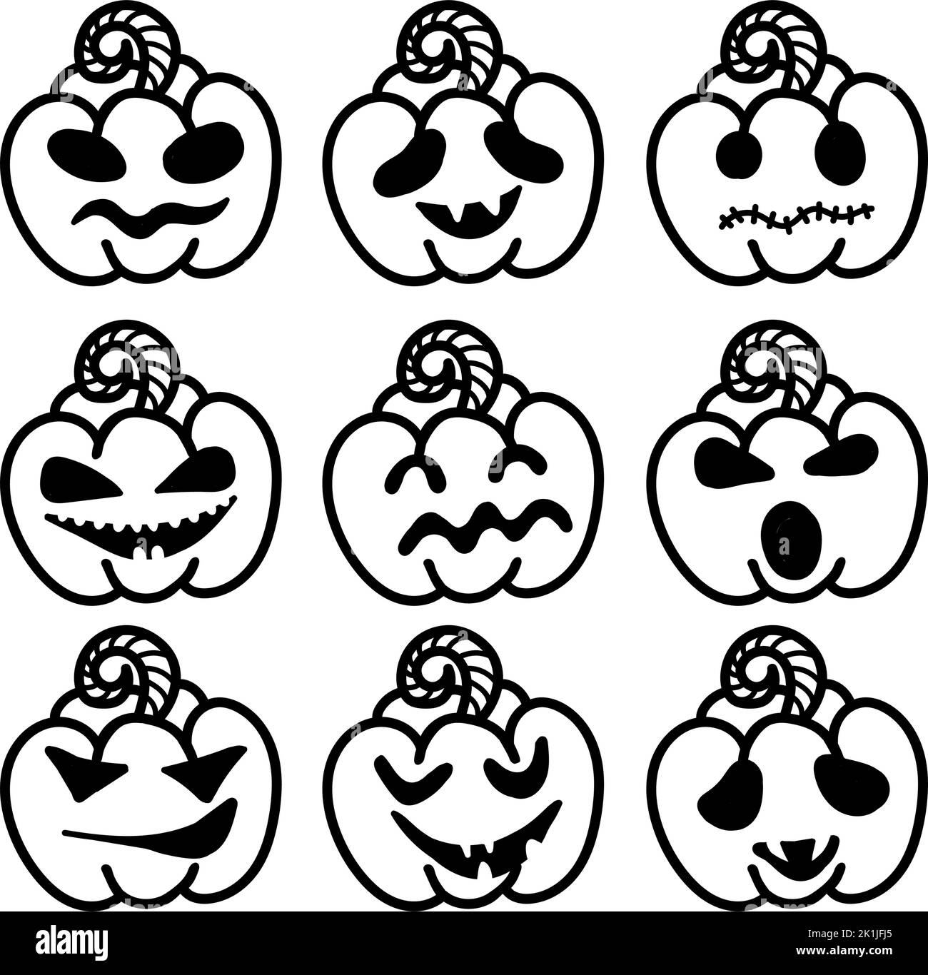 A set of Halloween pumpkin icons, hand-drawn doodles. Funny pumpkins ...