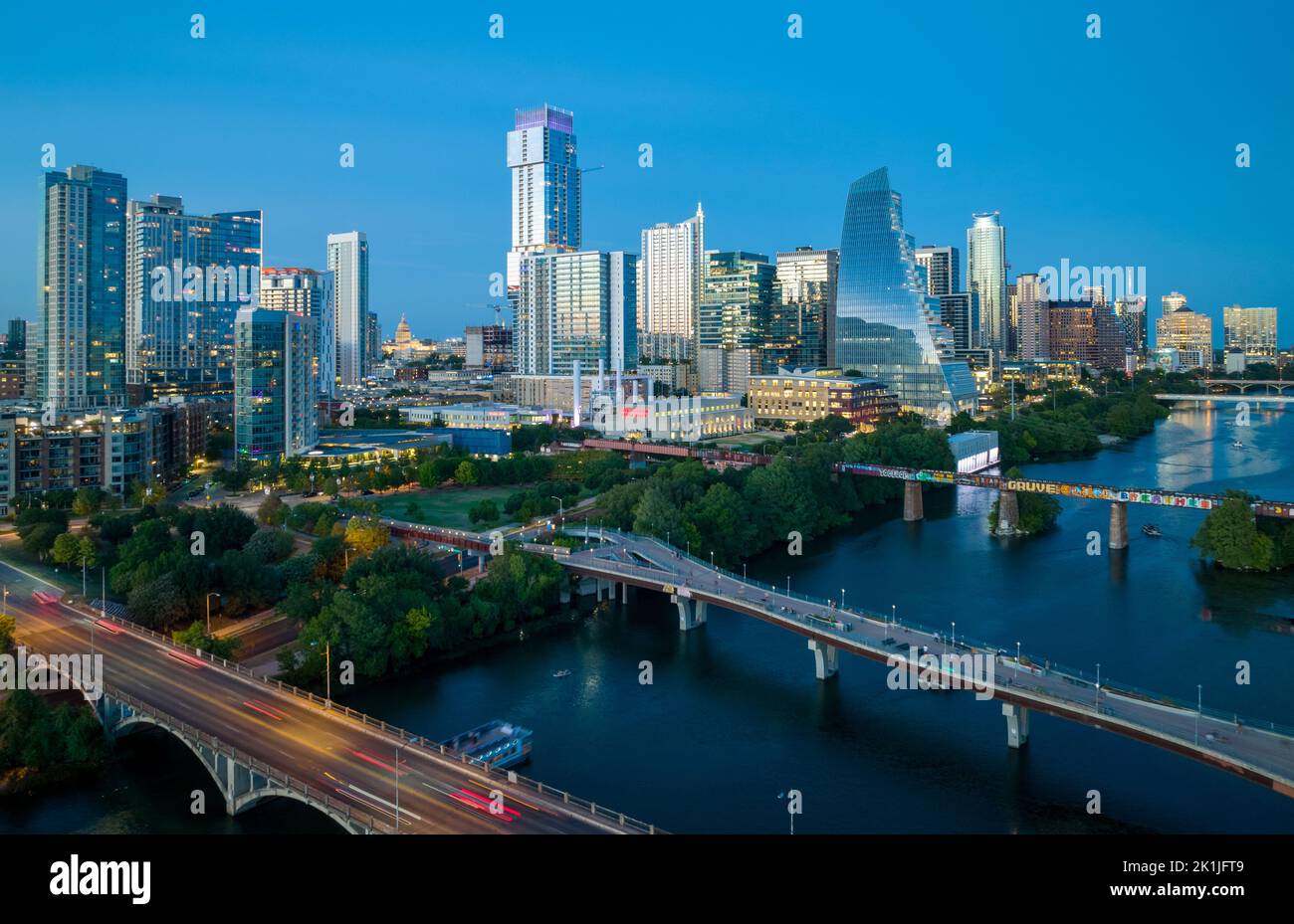 an aerial view of Austin city with river and skyscrapers in Texas Stock ...