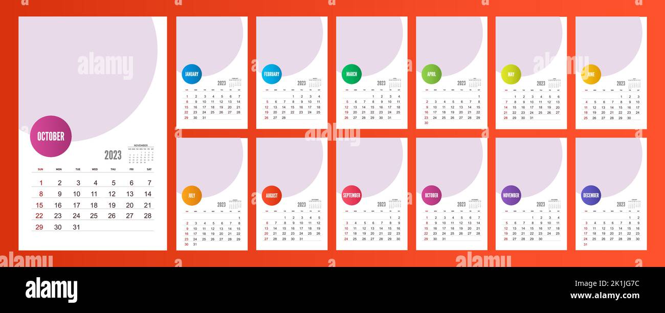 Monthly calendar for 2023 year. calendar for business rainbow color ...