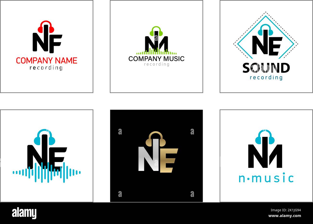 Set music logo. Emblem Monogram NE, NF and M. with headphones and sound ...