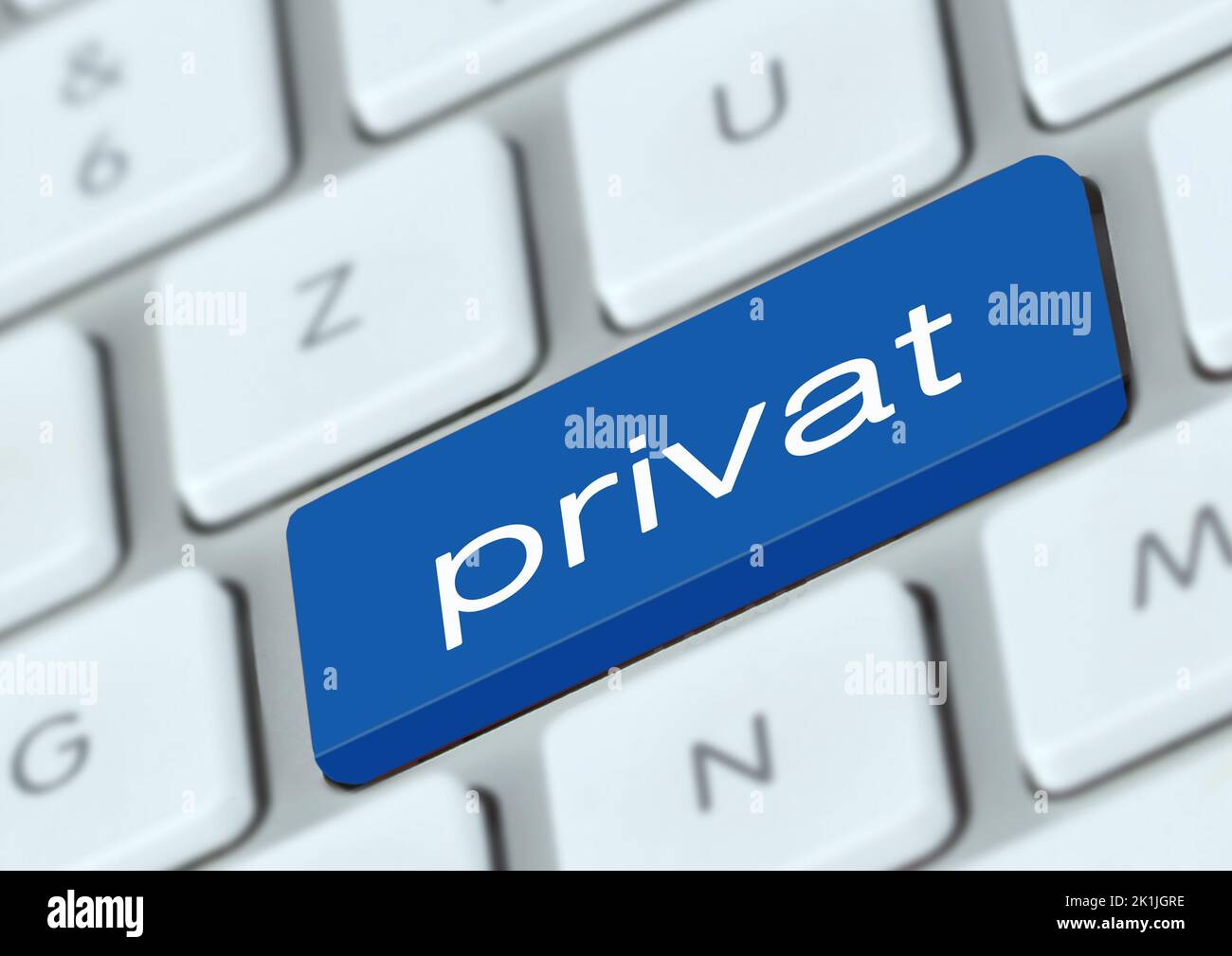 A 3D rendering of a blue "private" button in Dutch on a keyboard Stock ...