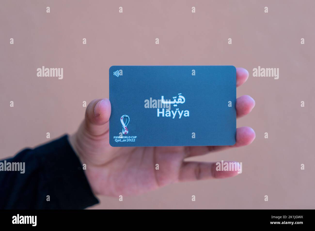 Doha, Qatar - September 18, 2022: Girl hand holding Hayya Card which is ...