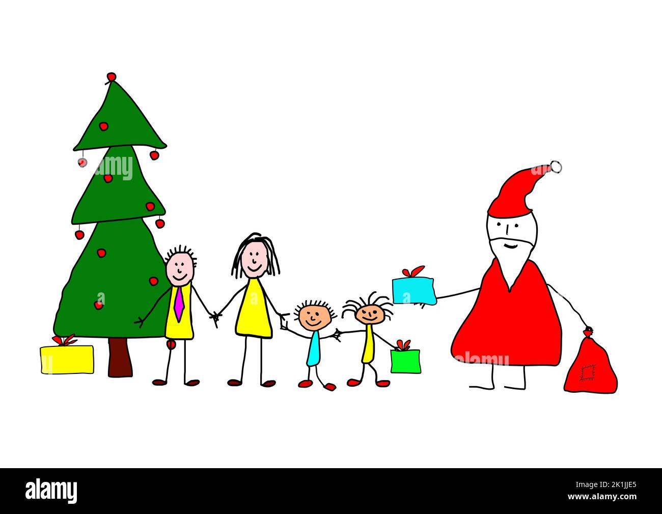 Christmas concept, drawn by a child. Santa Claus has arrived and is ...