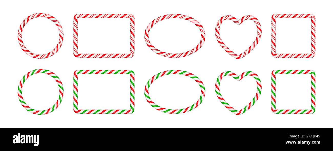 Christmas candy cane frames with red and green striped. Xmas circle ...
