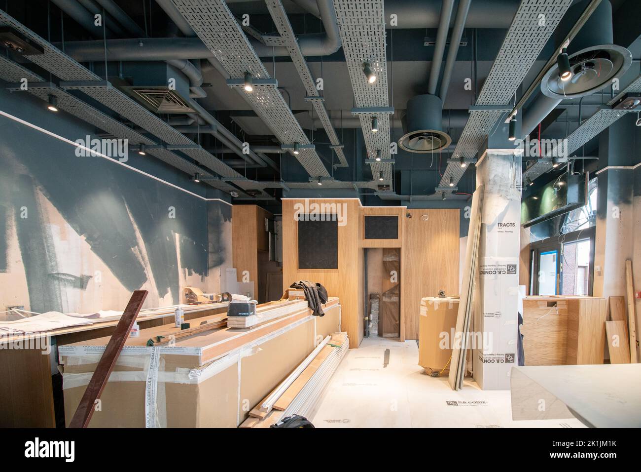 The view of a kitchen interior construction site with joinery and air ...