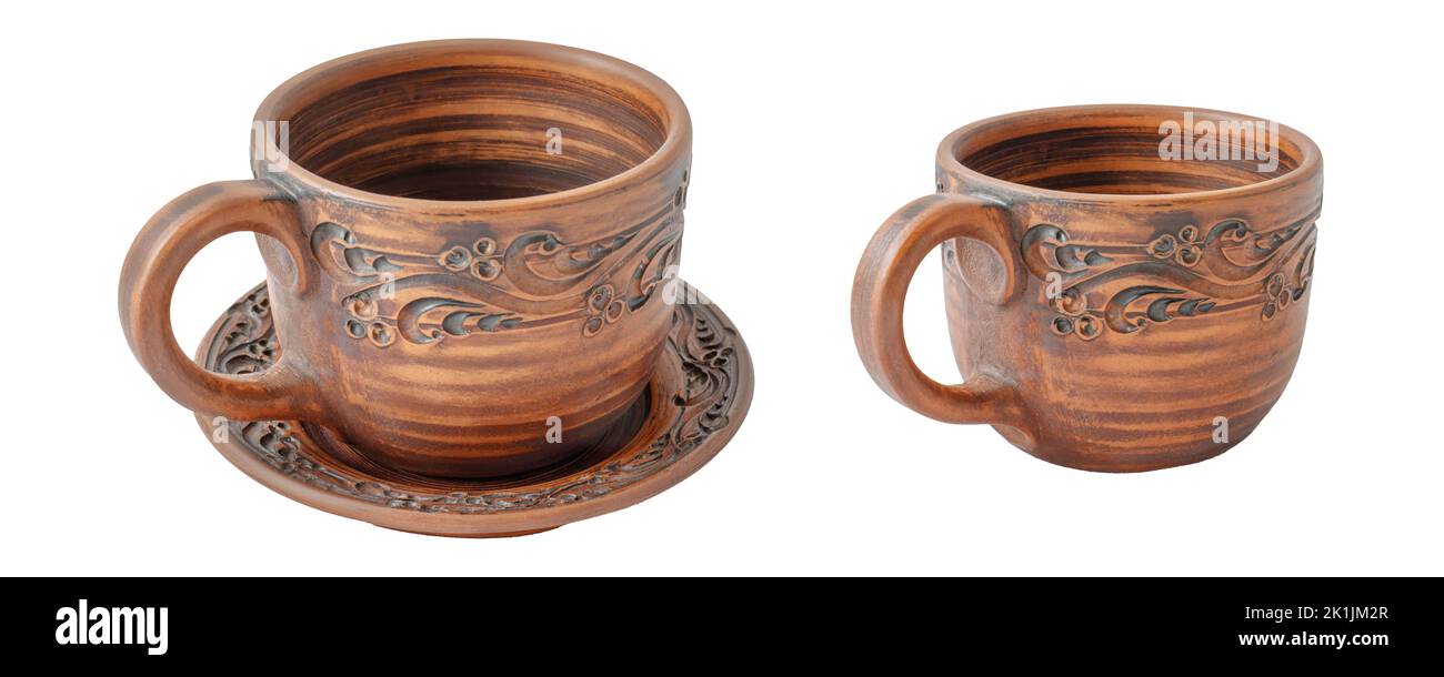 Brown ceramic cups from different angles, one on a saucer Stock Photo ...
