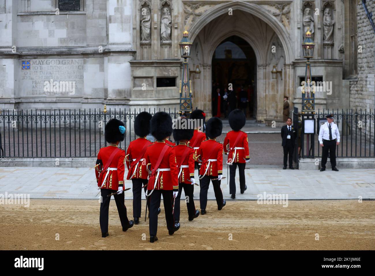 Soldiers in ceremonial uniform walk into Westminster Abbey on the day ...
