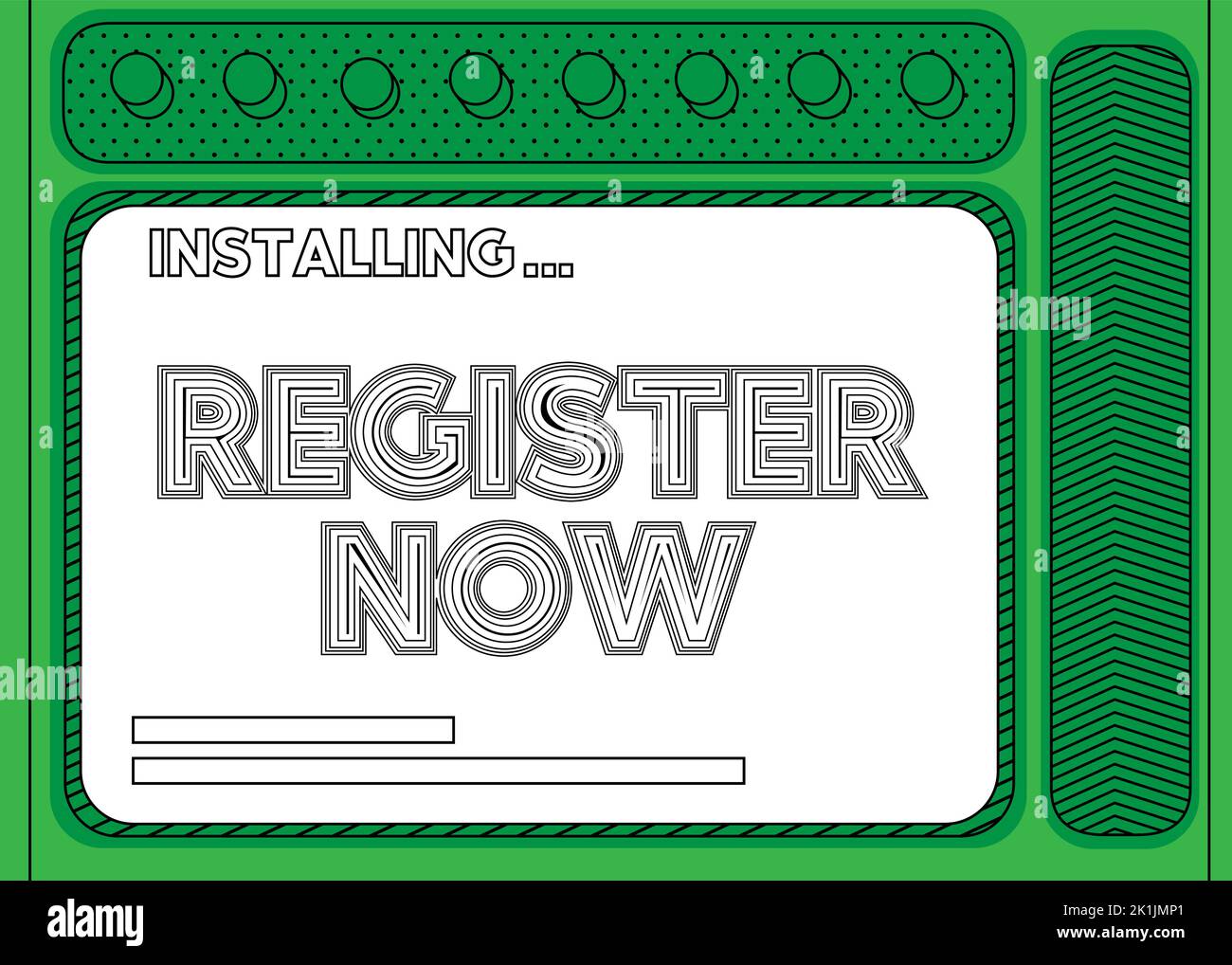 Cartoon Computer With the word Register Now. Message of a screen displaying an installation ...