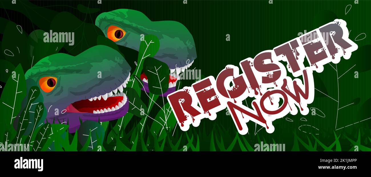 Dinosaur with speech bubble saying Register Now word. Tyrannosaurus Rex ...