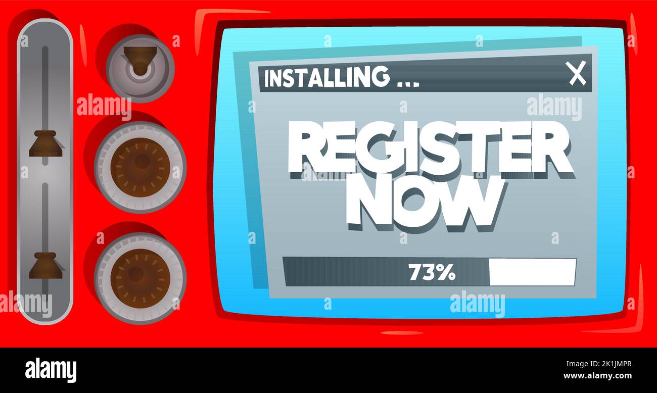 Cartoon Computer With the word Register Now. Message of a screen ...