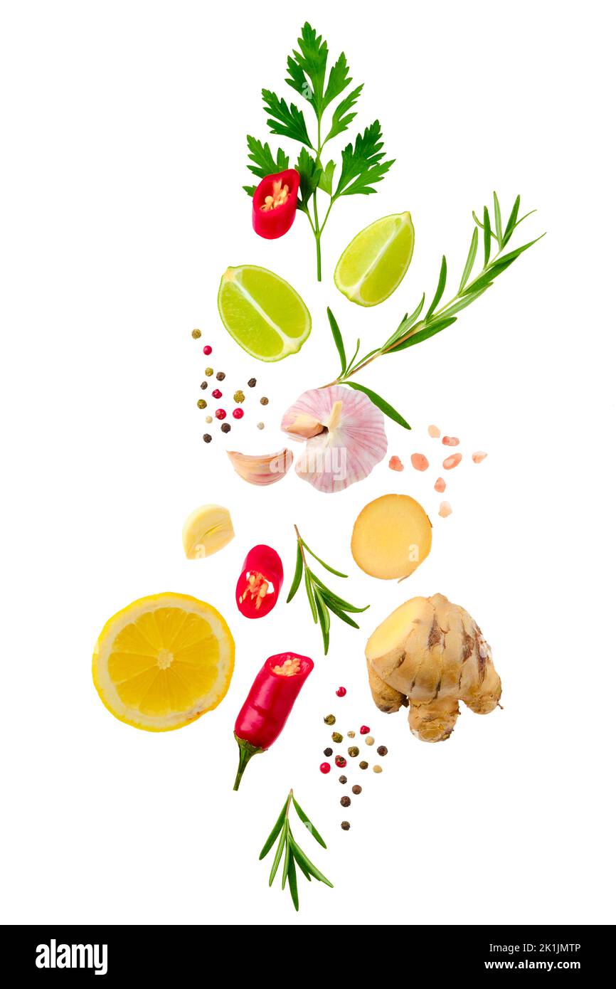 Spicy and fragrant food condiments isolated on white background Stock ...