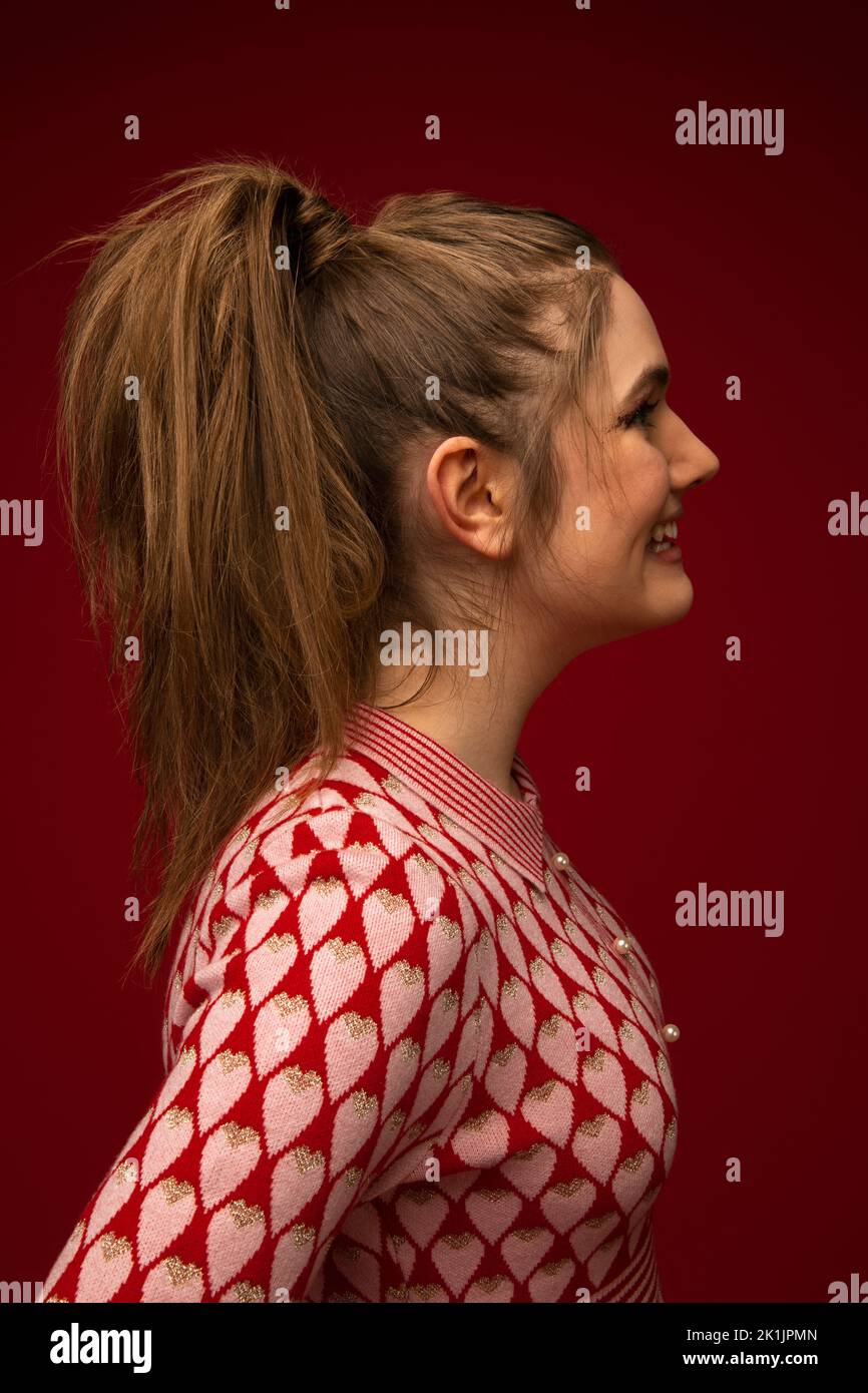 Girl smiling portrait ponytail child hi-res stock photography and ...