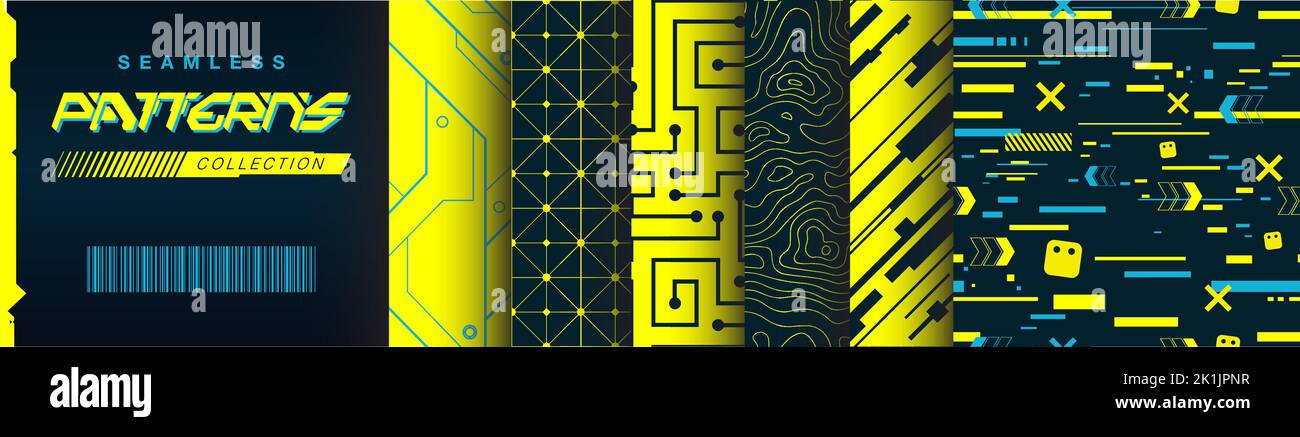Cyberpunk Seamless Pattern Collection Set, Glitch Effect, Motherboard ...