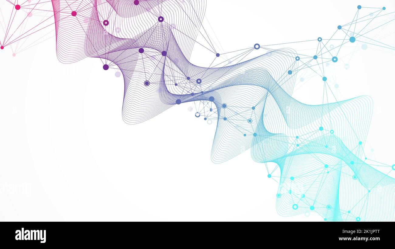 Digits abstract illustration with connected line and dots, wave flow. Digital neural networks ...