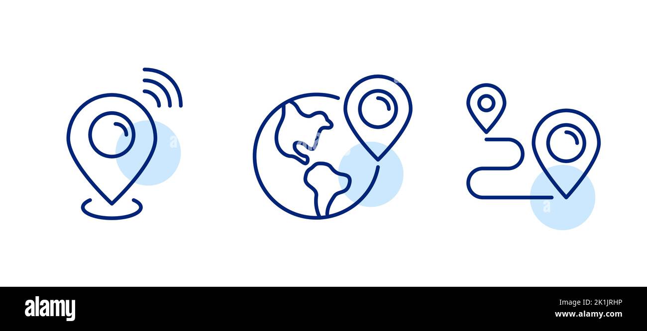 Set of map pointers showing location. Pin on Earth globe and path tracking. Pixel perfect ...