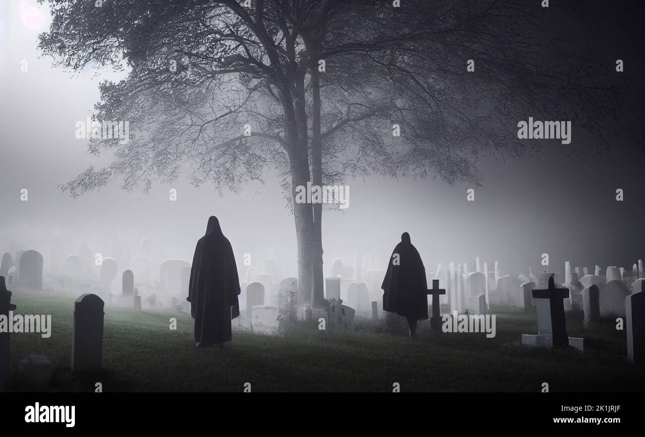 ghost walking in dark cemetery at night Halloween background Stock ...