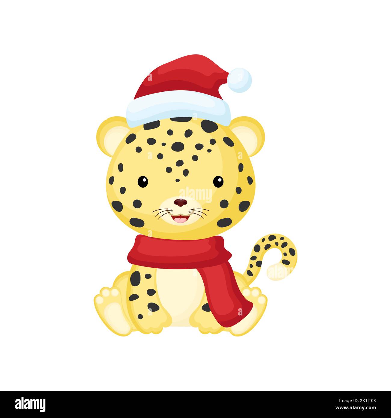 Cute little cheetah sitting in a Santa hat and red scarf. Cartoon ...