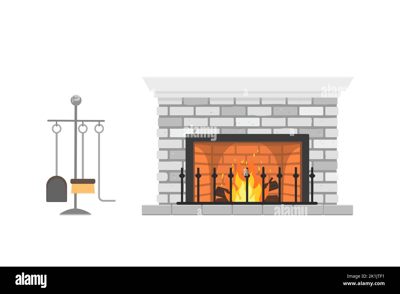 Retro fireplace with accessories on white background. Home interior ...