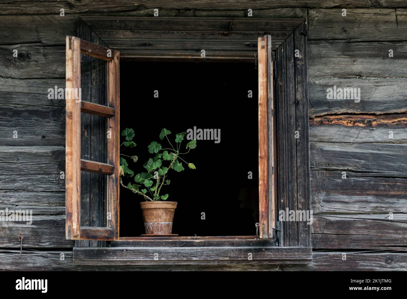 old wooden hut with flowers in the window. traditional house Stock ...