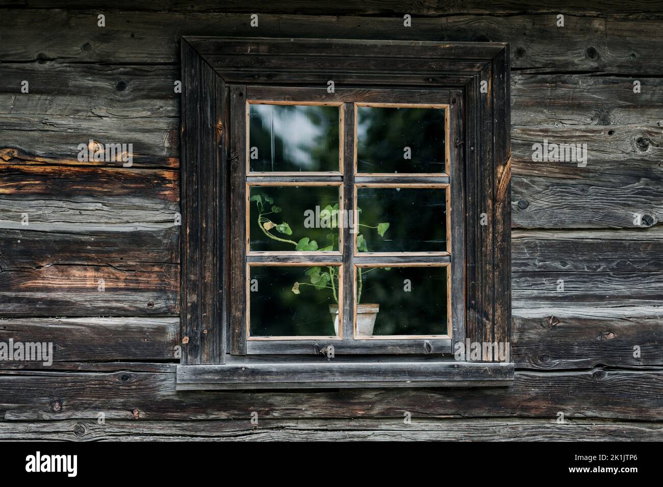 farmhouse. Nice wooden hut with flowers in window Stock Photo - Alamy