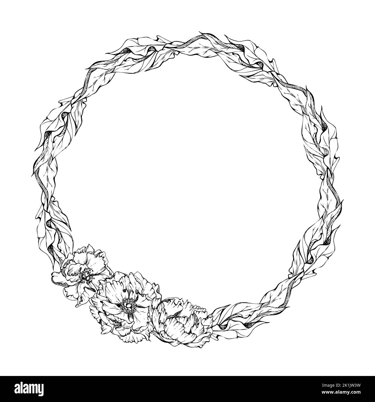 Hand drawn vector circle frame wreath arrangement with peony flowers ...