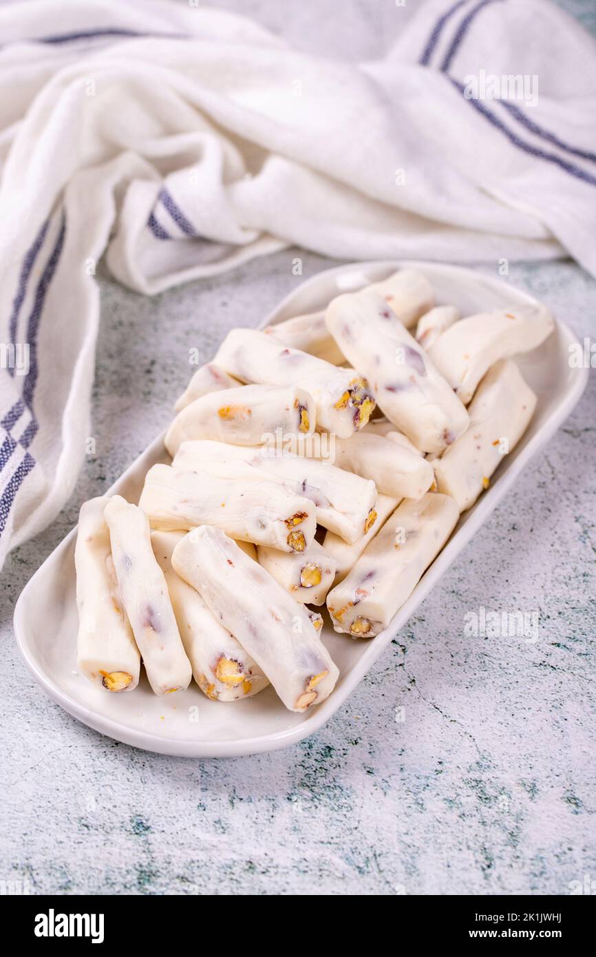 Milk flavored Turkish delight. Turkish delight with pistachio and milk ...