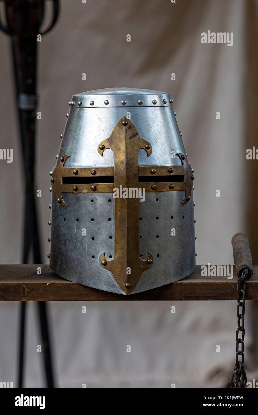 A medieval helmet used as an example shown in Santa Maria da Feira fair ...