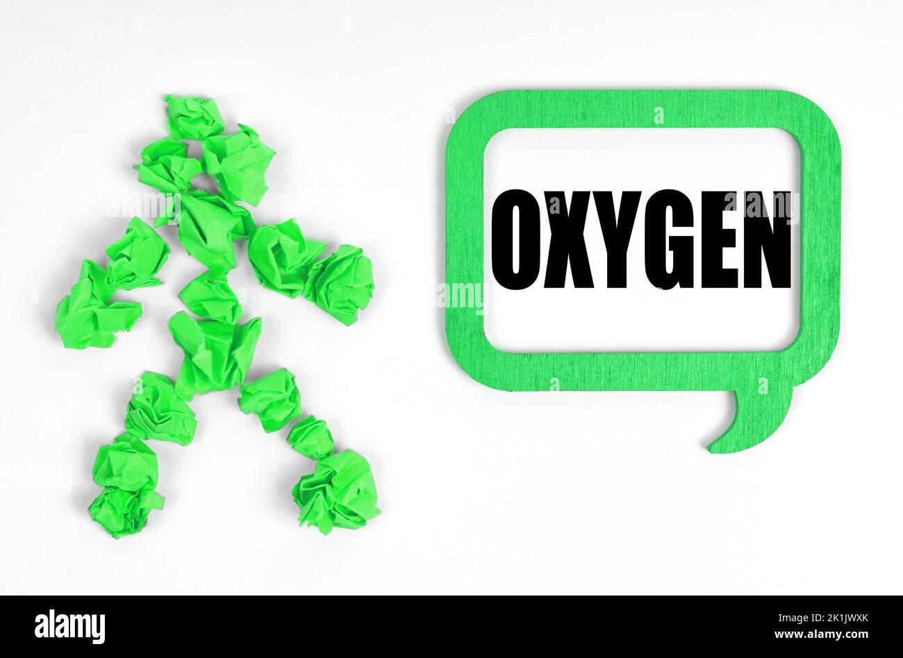 Ecology concept. On a white background, a green paper man and a sign ...