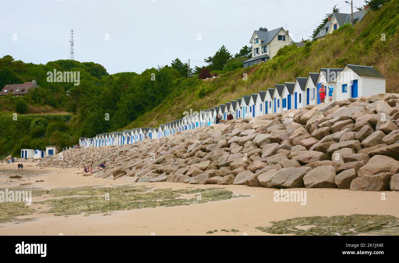 The beach huts at Barneville-Carteret on the Cotentin Peninsula ...