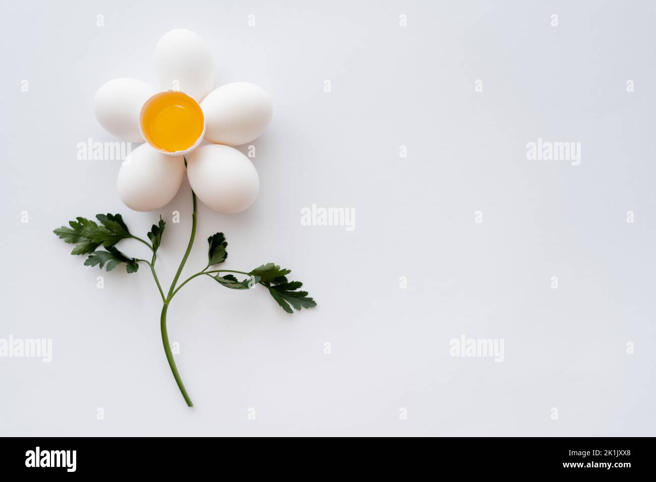 Flat lay of natural eggs and parsley in shape of flower on white ...