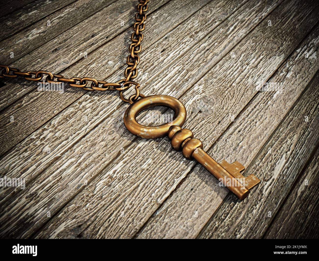 Vintage brass key standing on old wood. 3D illustration Stock Photo - Alamy