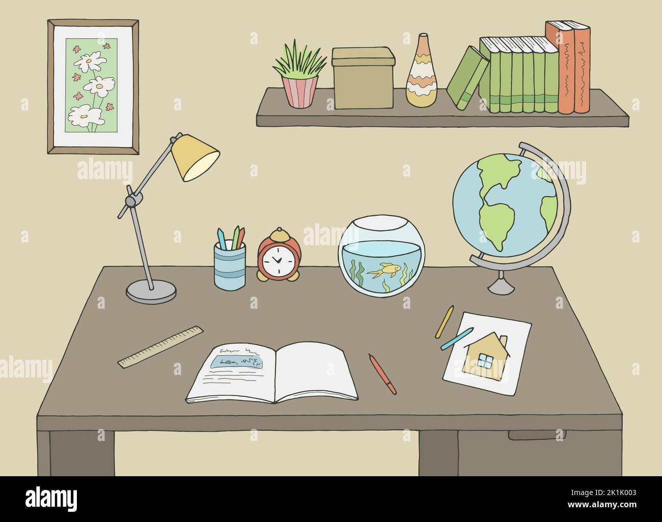 Study table graphic color interior sketch illustration vector Stock ...
