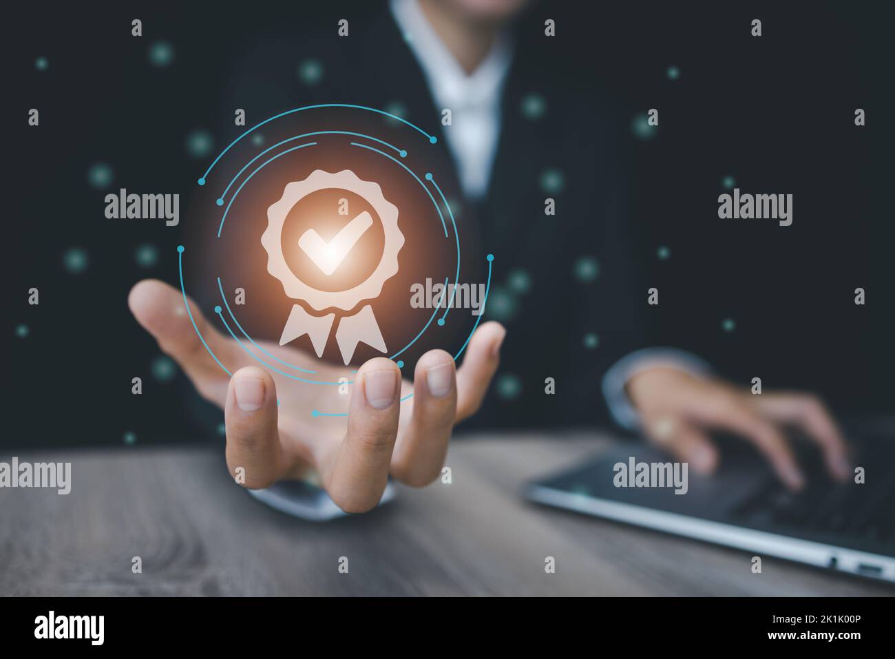 Hand shows the sign of the top service Quality assurance, Guarantee ...