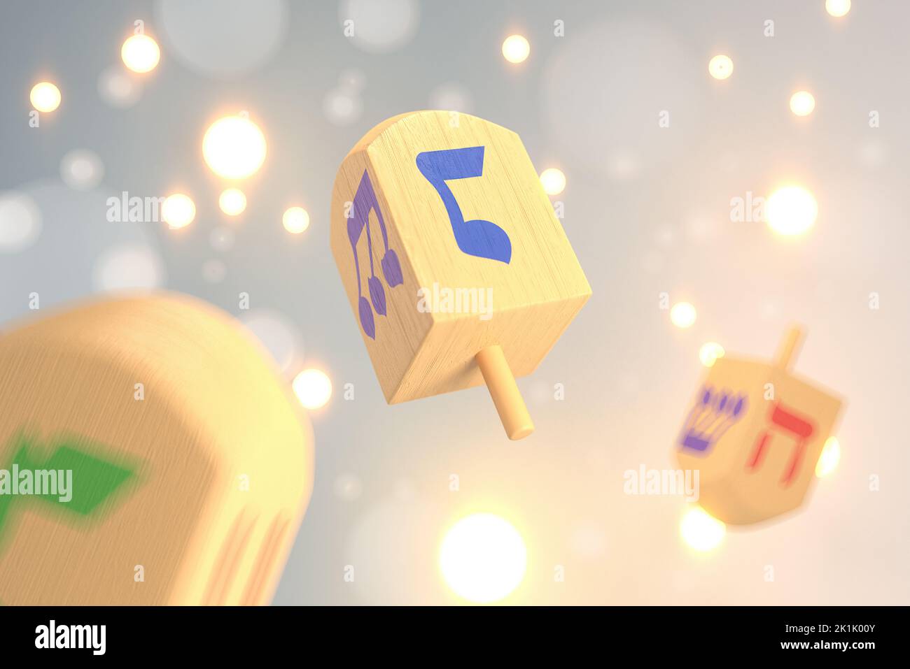 3d rendering Image of Jewish holiday Hanukkah with wooden dreidels or ...