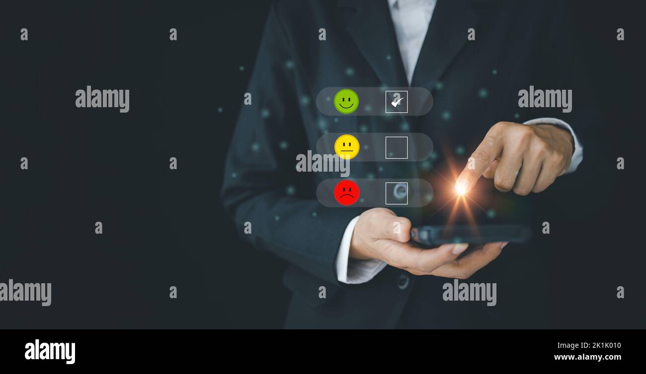 Customer service evaluation concept. Businessman pressing happy icon ...