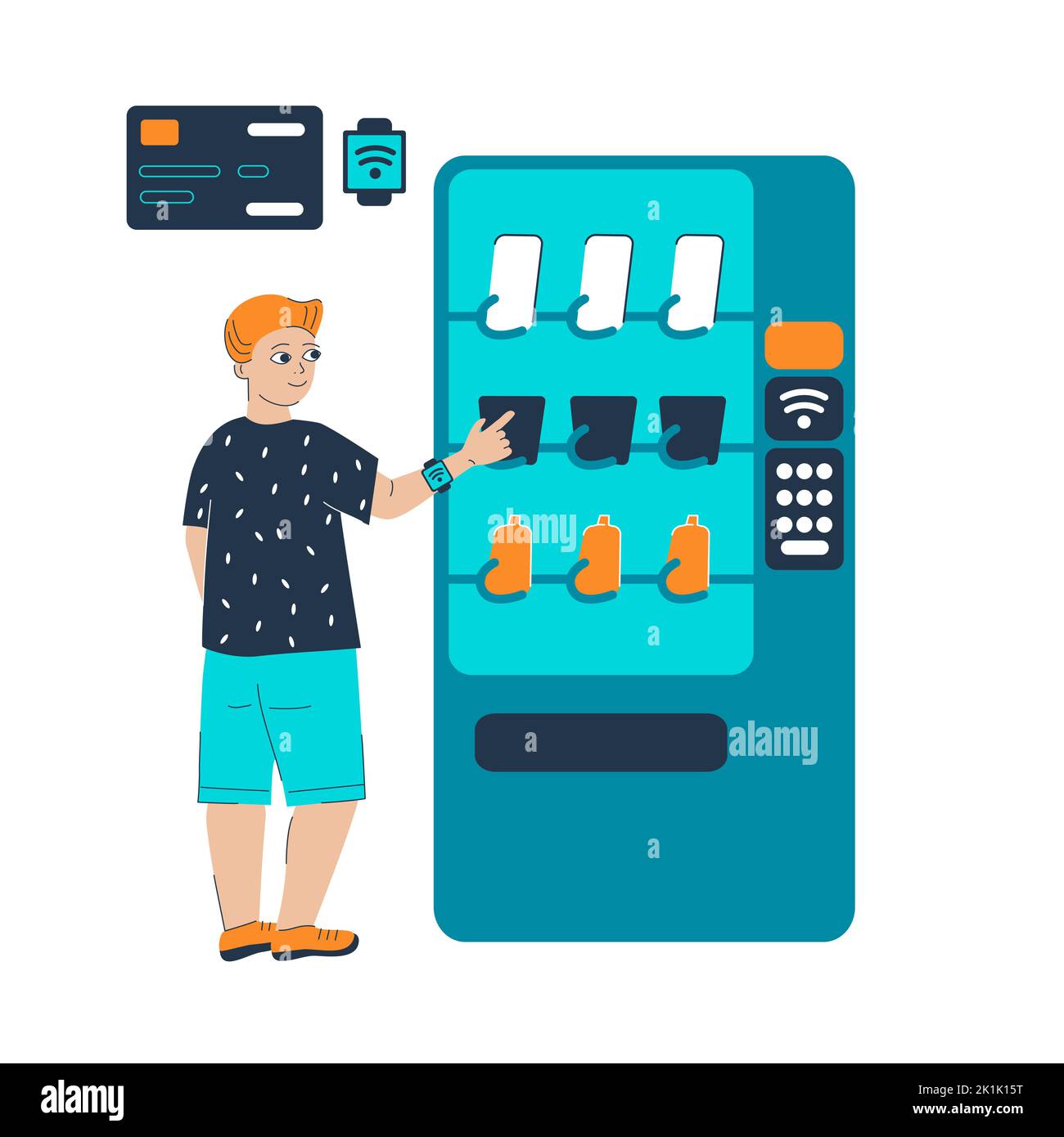 Generation Z young boy using vending machine with drinks and snacks. Self help guy in self ...